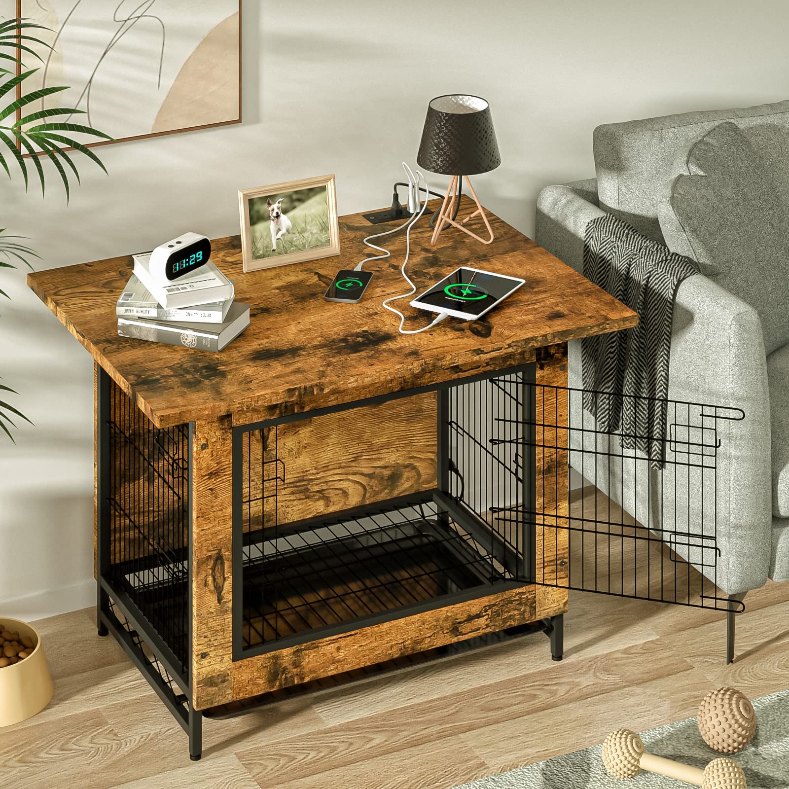 WASAGUN Wood Dog Kennel End Table with Pull-Out Tray, Power Outlets - For Small & Medium Dogs up to 30 lb, Brown