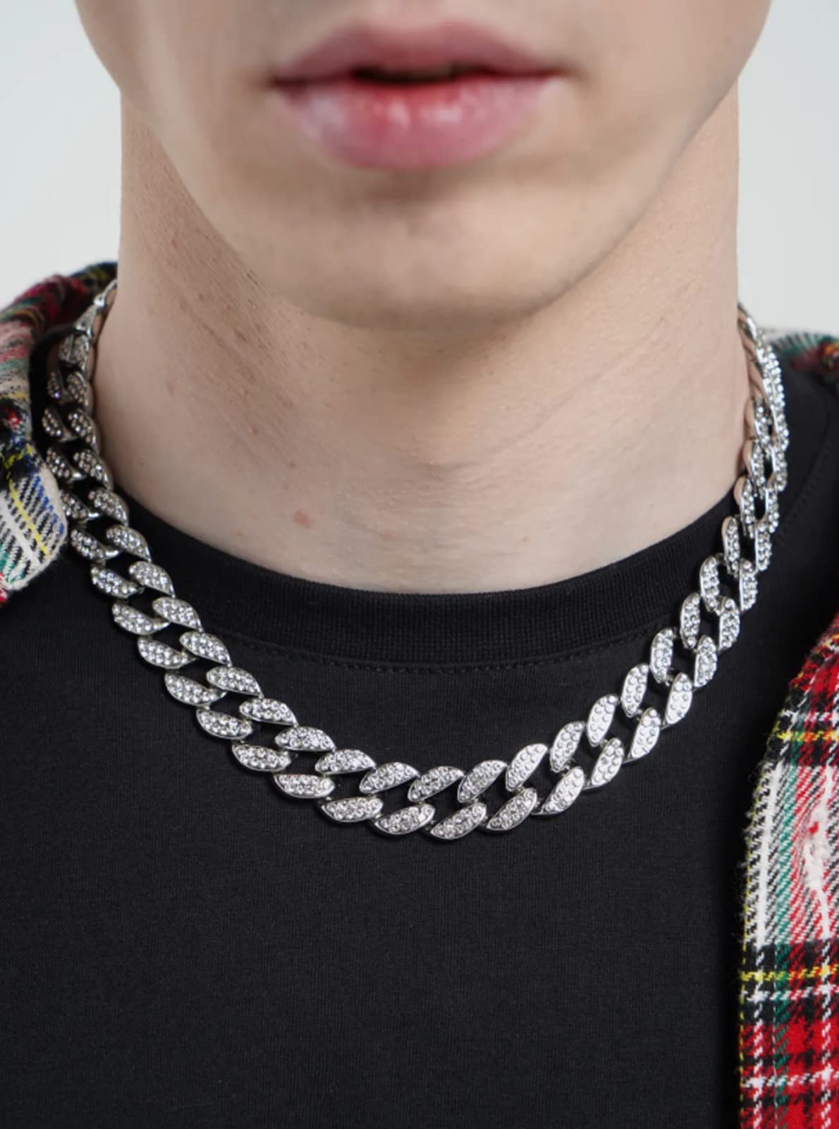 Mens Chains Diamond Cuban Link Chain Necklace Bracelets Set for Men Women Bling Bling Hip Hop Jewelry (Silver 20IN)