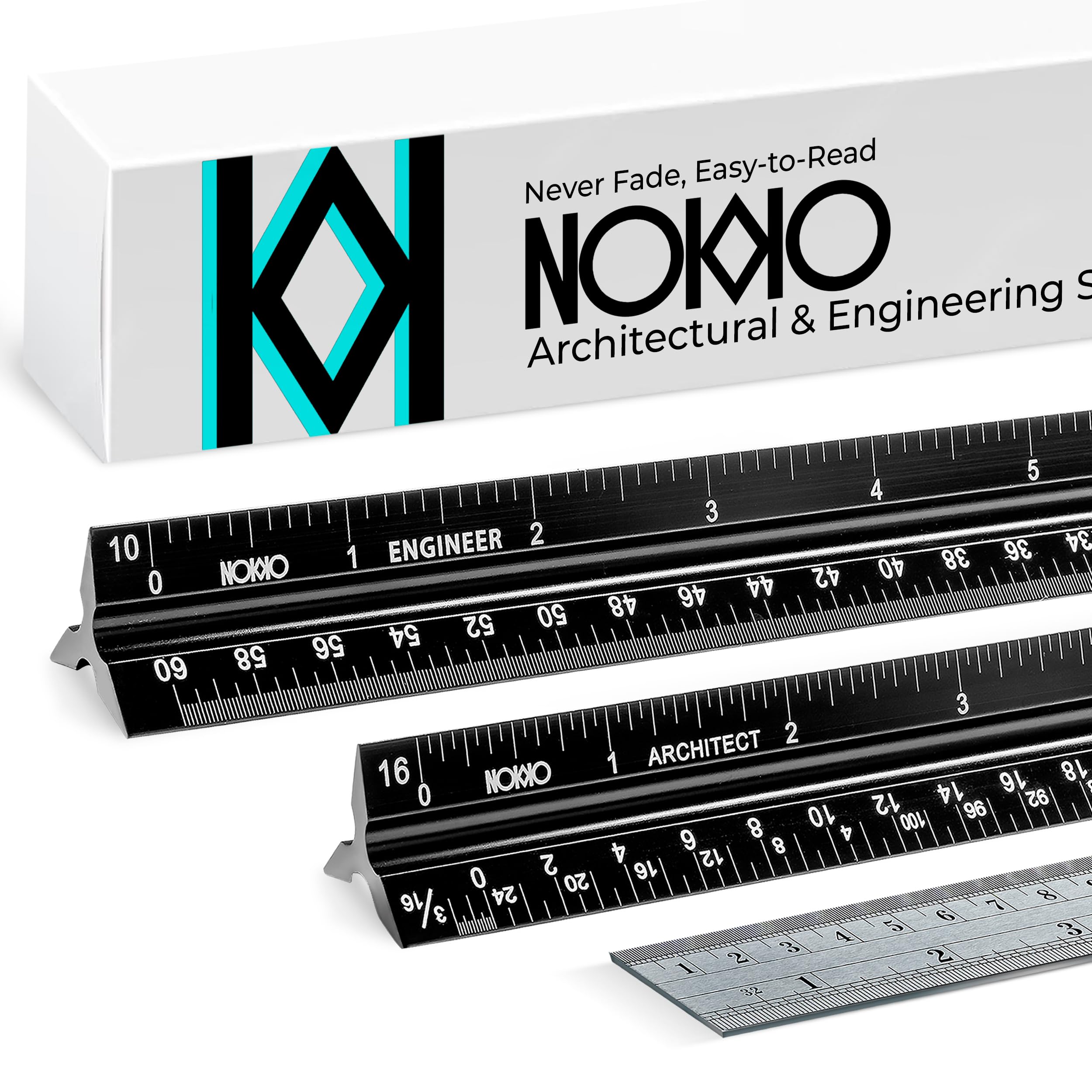 NOKKO Architectural and Engineering Scale Ruler Set - Professional Measuring Kit for Drafting, Construction - Imperial and Metric Conversion Table Included - Laser-Etched Markings, Anodized Aluminum