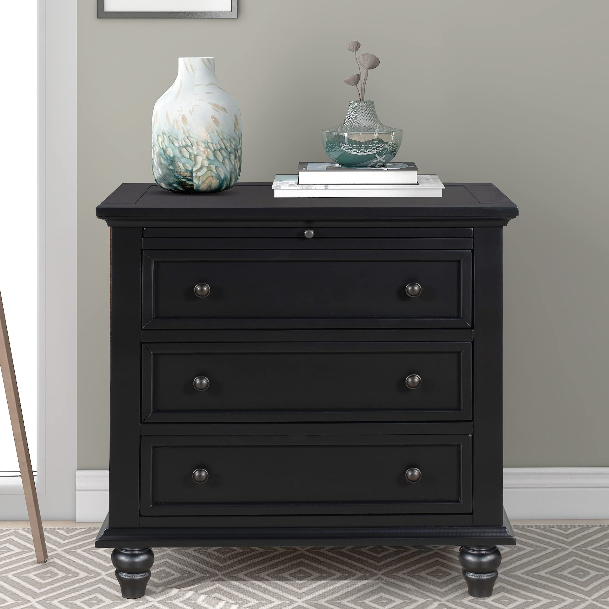 Voohek Wood Nightstand, Bedside Night Stand Sofa Side End Tables with 3 Drawers, Pull Out Tray for Home, Bedroom, Living Room, Black