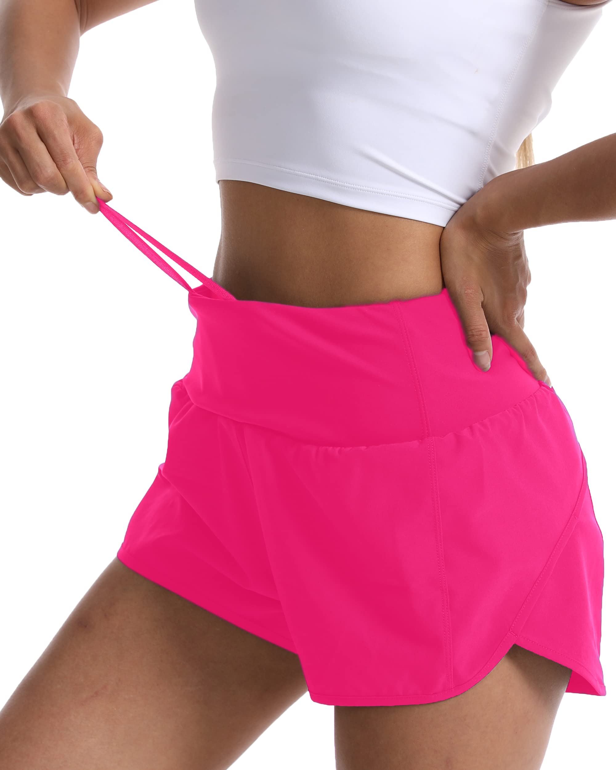 Kcutteyg Running Shorts for Women with Liner High Waisted Lightweight Womens Workout Shorts with Back Pocket- 4" (Hot Pink,XL)