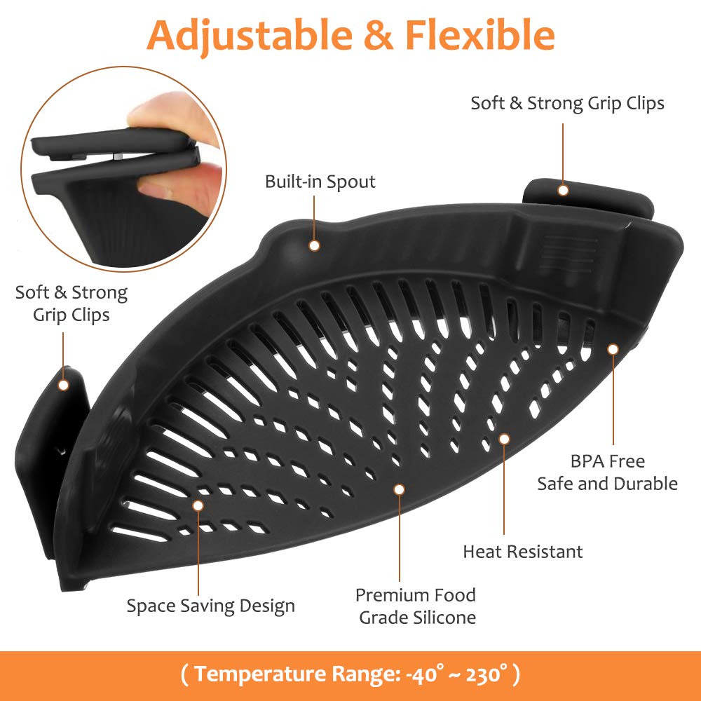 YEVIOR Clip on Strainer for Pots Pan Pasta Strainer, Silicone Food Strainer Hands-Free Pan Strainer, Clip-on Kitchen Food Strainer for Spaghetti, Pasta, Ground Beef Fits All Bowls and Pots - Black