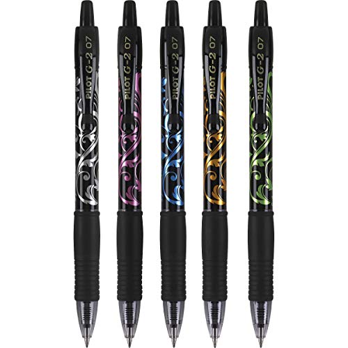 PILOT G2 Fashion Collection Colors Refillable and Retractable Rolling Ball Gel Pens, Fine Point, Silver/Pink/Blue/Orange/Green Design Barrels, Black Ink, 5-Pack (31373)