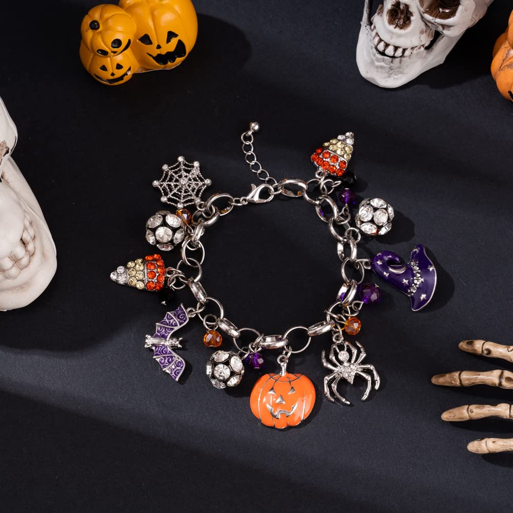 Madison Tyler Halloween Charm Bracelets for Women | Adjustable Bracelets | Pumpkin Spider Bats Spider Web Witch Hat Ball Bead Candy Corn | Halloween Holiday Party Gifts