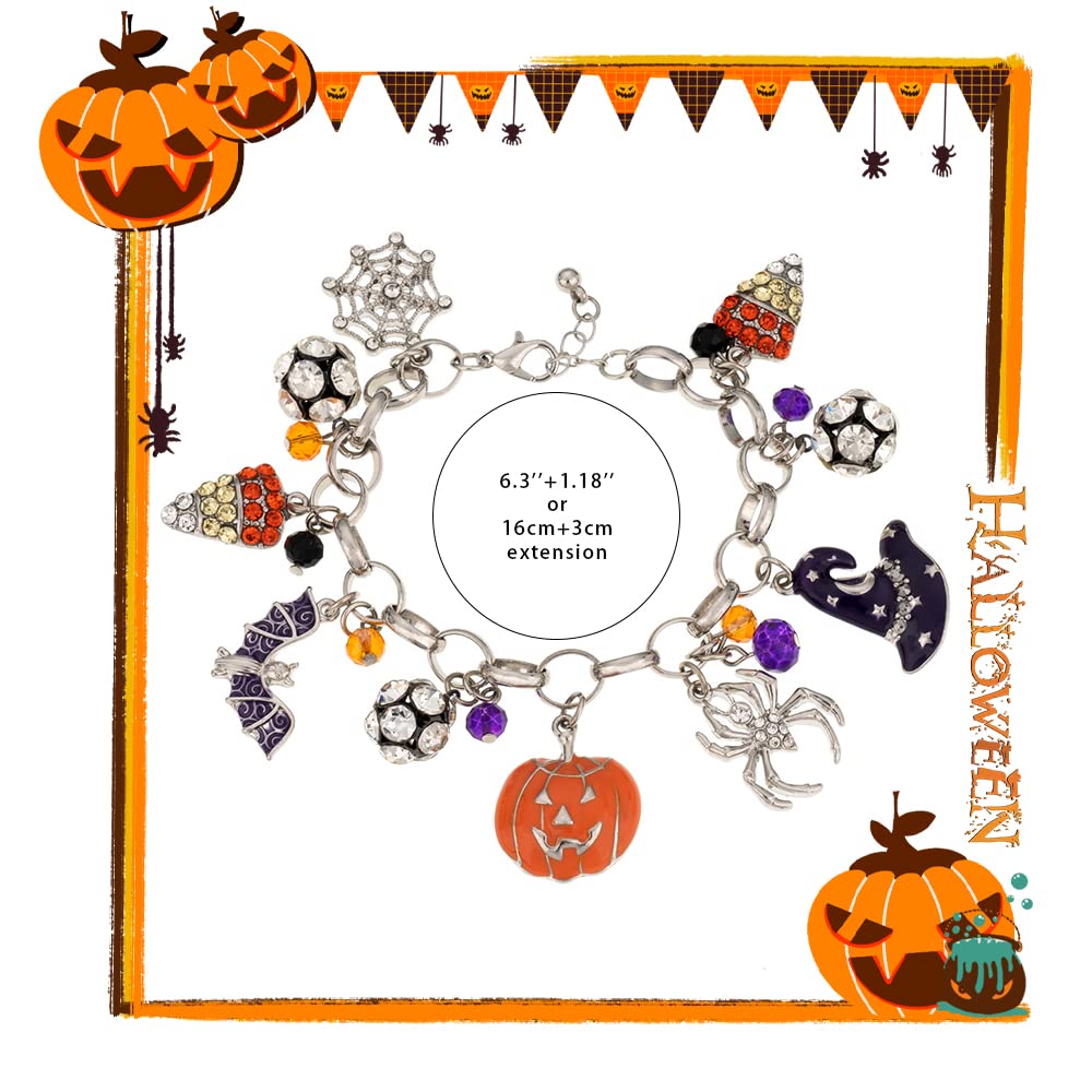 Madison Tyler Halloween Charm Bracelets for Women | Adjustable Bracelets | Pumpkin Spider Bats Spider Web Witch Hat Ball Bead Candy Corn | Halloween Holiday Party Gifts