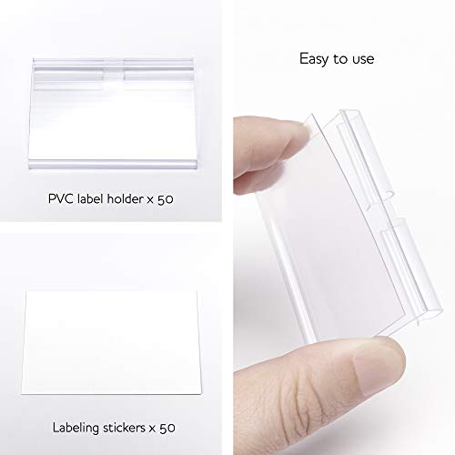 50pcs Labels for Storage Bins Plastic Label Clip, Basket Labels Clip On Wire Shelf Price Label Holder Merchandise Sign Display Holder, 50pcs Label Insert Included (6x4cm)