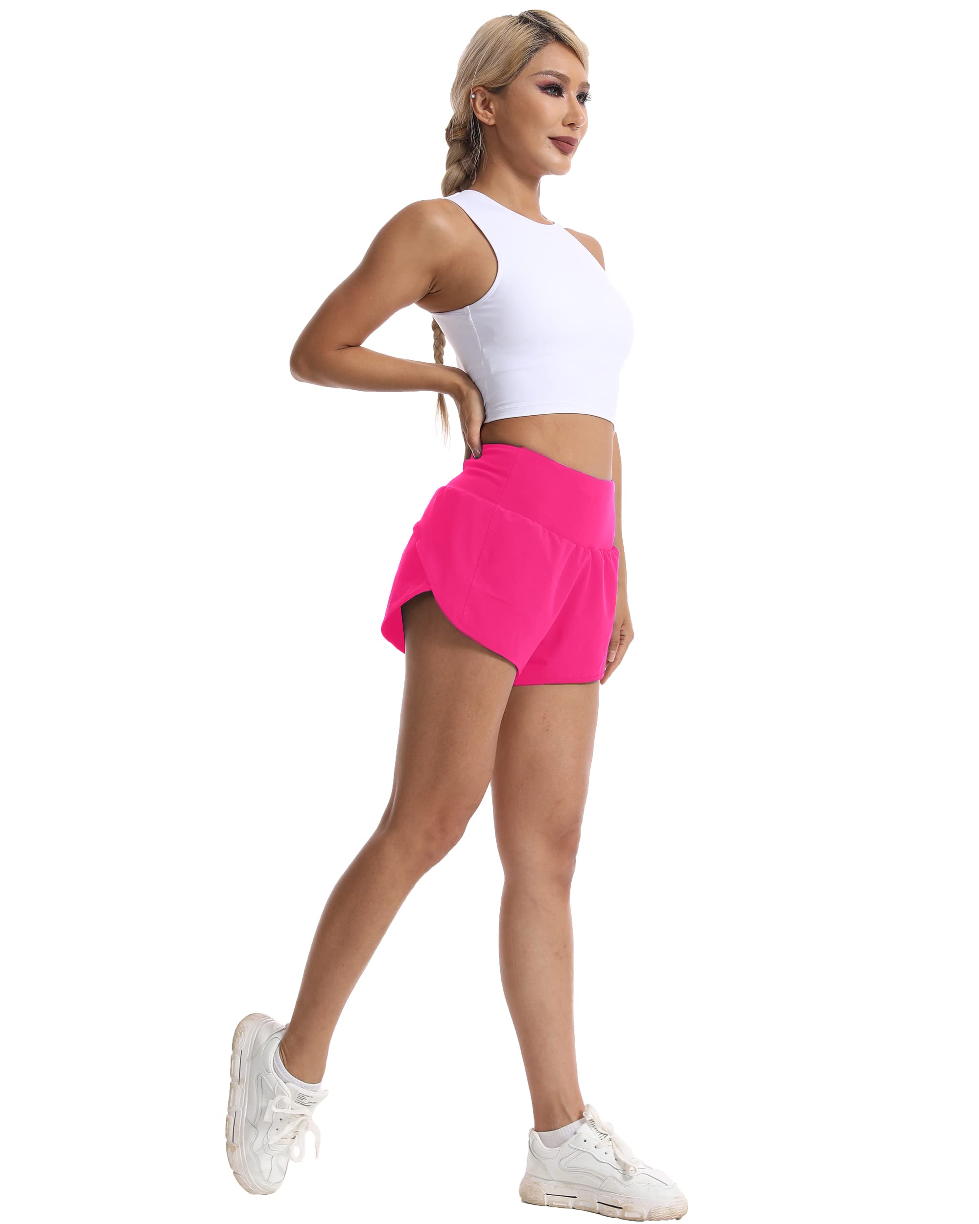 Kcutteyg Running Shorts for Women with Liner High Waisted Lightweight Womens Workout Shorts with Back Pocket- 4" (Hot Pink,XL)