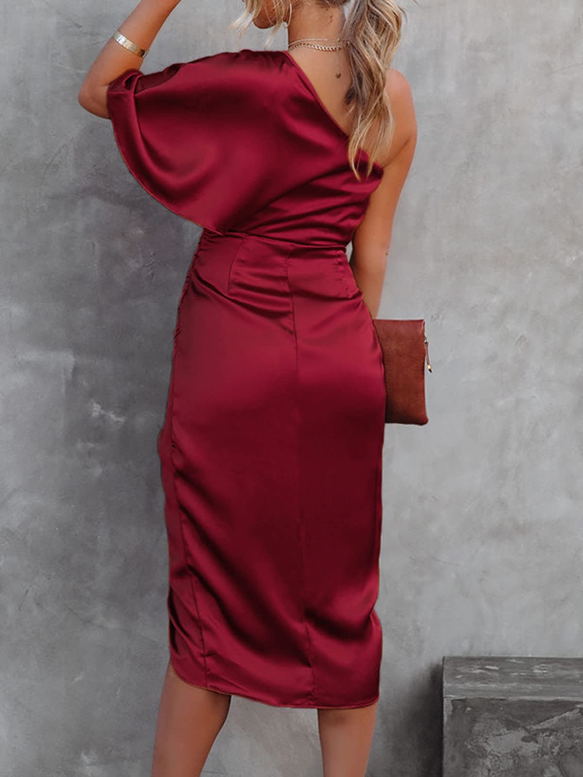 CUPSHE Women Satin Cocktail Party Dress Backless One Shoulder Flared Sleeves Tea Length Anomalistic Hem Solid Bodycon Dress with Zipper Burgundy Red M