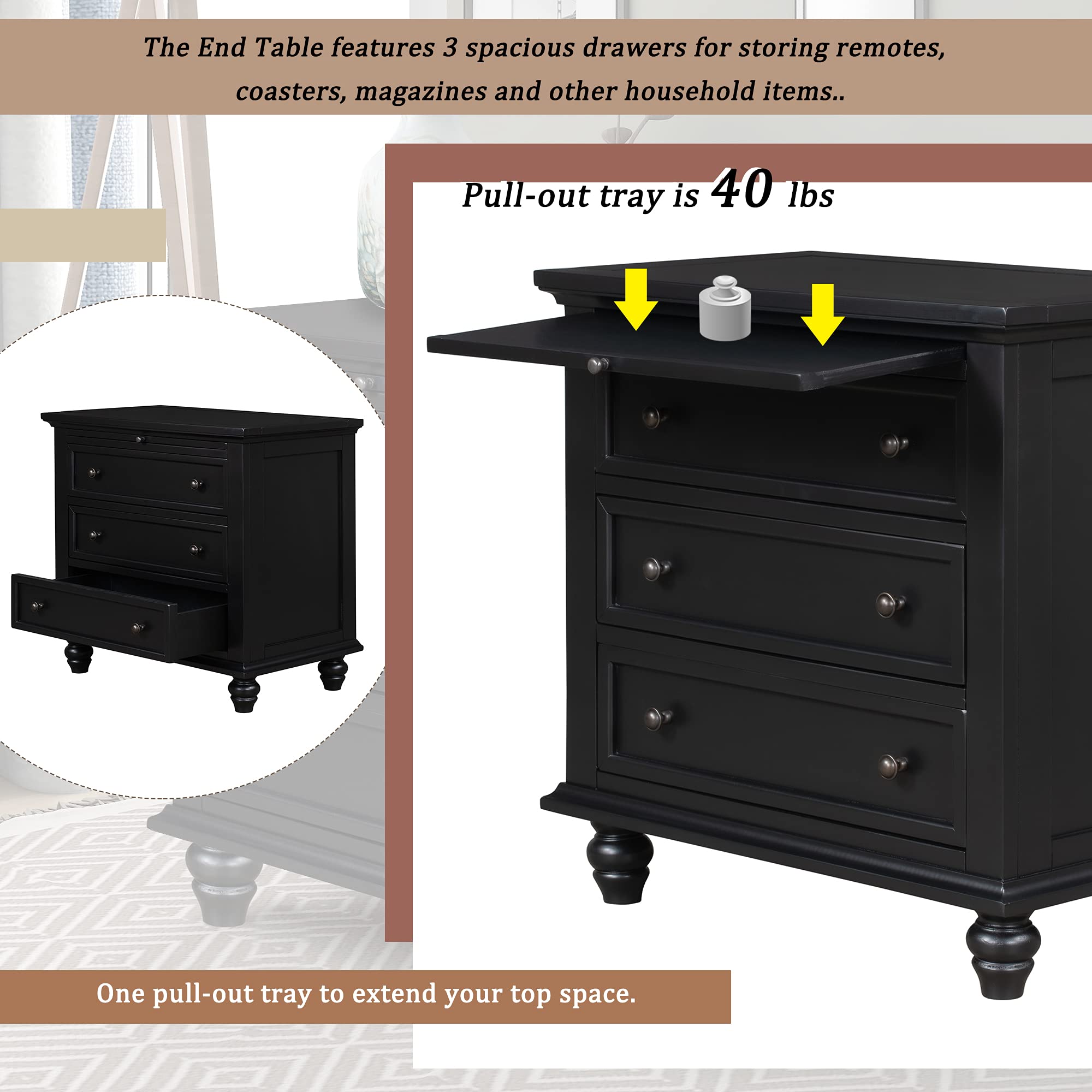 Voohek Wood Nightstand, Bedside Night Stand Sofa Side End Tables with 3 Drawers, Pull Out Tray for Home, Bedroom, Living Room, Black