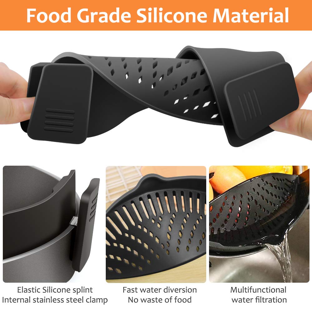 YEVIOR Clip on Strainer for Pots Pan Pasta Strainer, Silicone Food Strainer Hands-Free Pan Strainer, Clip-on Kitchen Food Strainer for Spaghetti, Pasta, Ground Beef Fits All Bowls and Pots - Black