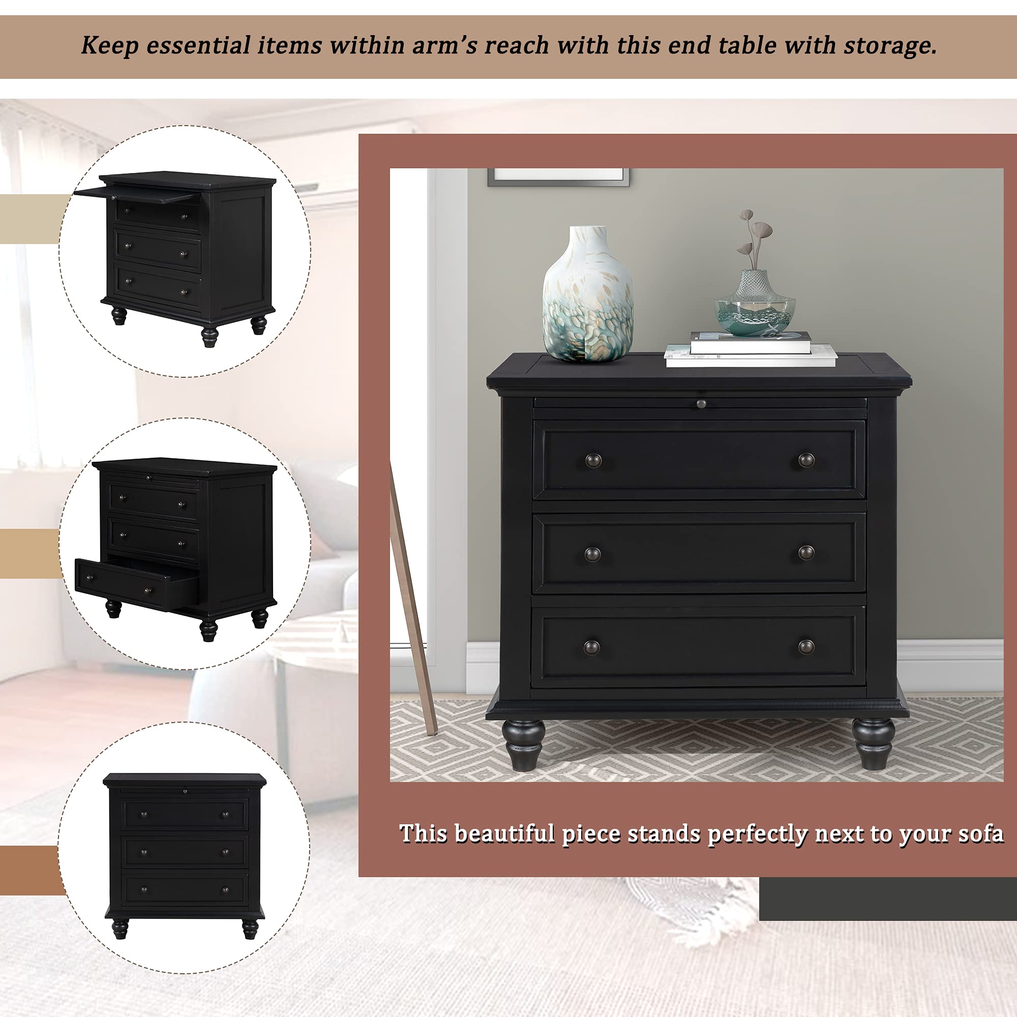 Voohek Wood Nightstand, Bedside Night Stand Sofa Side End Tables with 3 Drawers, Pull Out Tray for Home, Bedroom, Living Room, Black