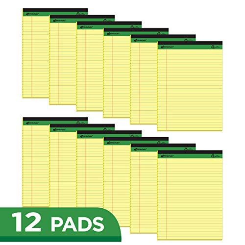 KAISA Legal Pads Writing Pads Recycled Paper, 8.5"x11.75" Wide Ruled Perforated 50 sheets Notepads 8-1/2"x 11-3/4" Writed Pad, Canary (Pack of 12pc) KSU-5668