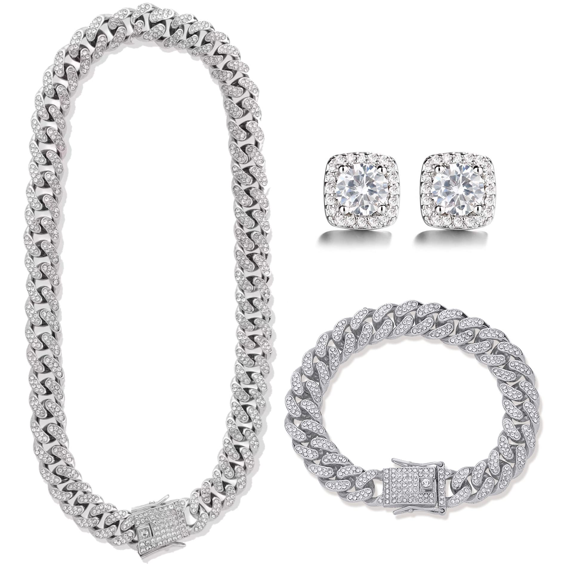Mens Chains Diamond Cuban Link Chain Necklace Bracelets Set for Men Women Bling Bling Hip Hop Jewelry (Silver 20IN)