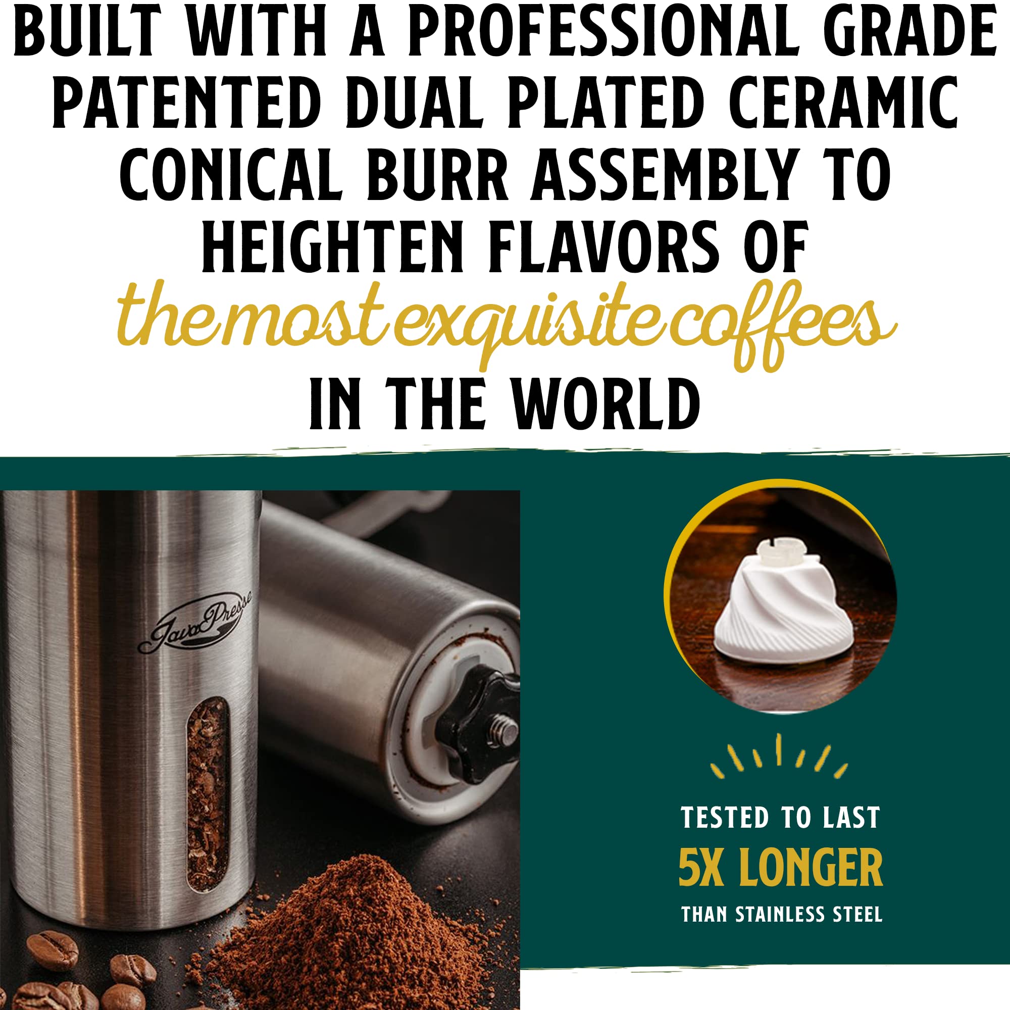 Manual Coffee Grinder by JavaPresse — Manual Coffee Bean Grinder with 18 Adjustable Settings, Stainless Steel Manual Burr Hand Coffee Grinder with Crank — Great Holiday Gift, Perfect for Camping