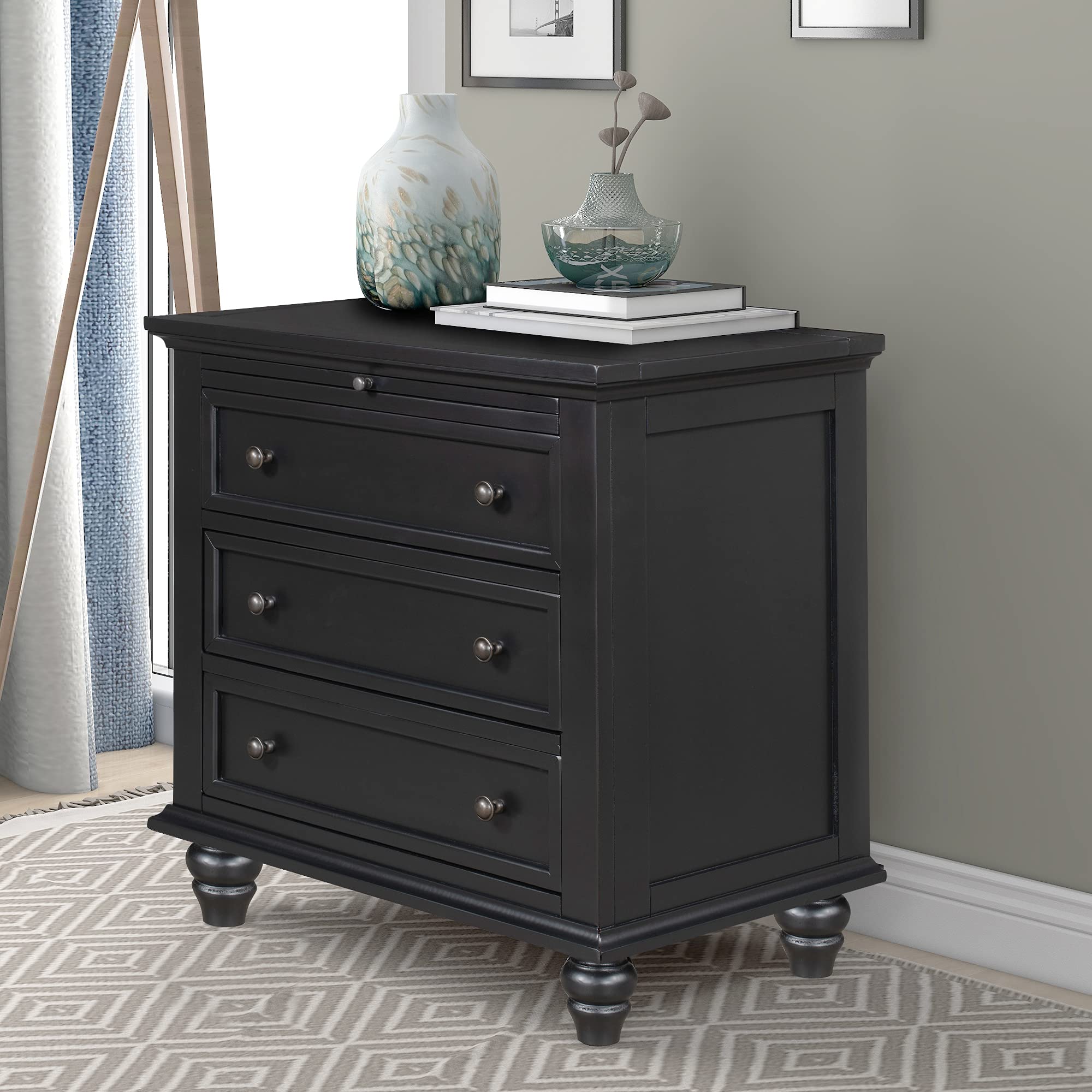 Voohek Wood Nightstand, Bedside Night Stand Sofa Side End Tables with 3 Drawers, Pull Out Tray for Home, Bedroom, Living Room, Black
