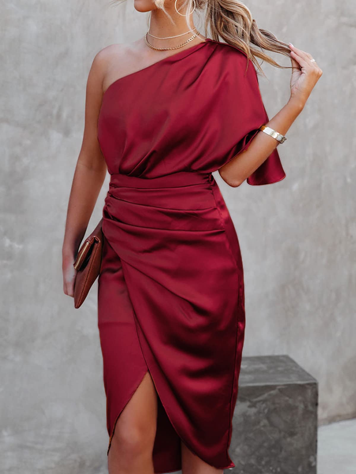 CUPSHE Women Satin Cocktail Party Dress Backless One Shoulder Flared Sleeves Tea Length Anomalistic Hem Solid Bodycon Dress with Zipper Burgundy Red M