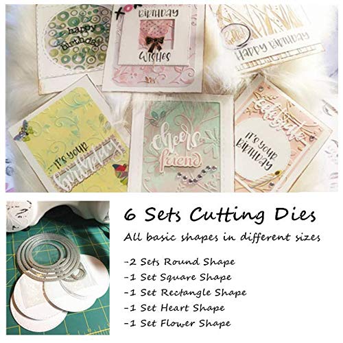 BENECREAT 6 Sets Cutting Dies, 38pcs Metal Stencils Nesting Die Flower Heart Square Embossing Tools for Festival Mother's Day Card Making, Scrapbooking Photo Album Making