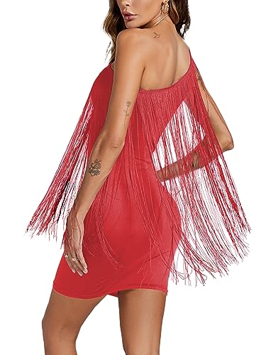 LYANER Women's Sexy One Shoulder Fringe 20s Sleeveless Bodycon Mini Short Dress Red Small