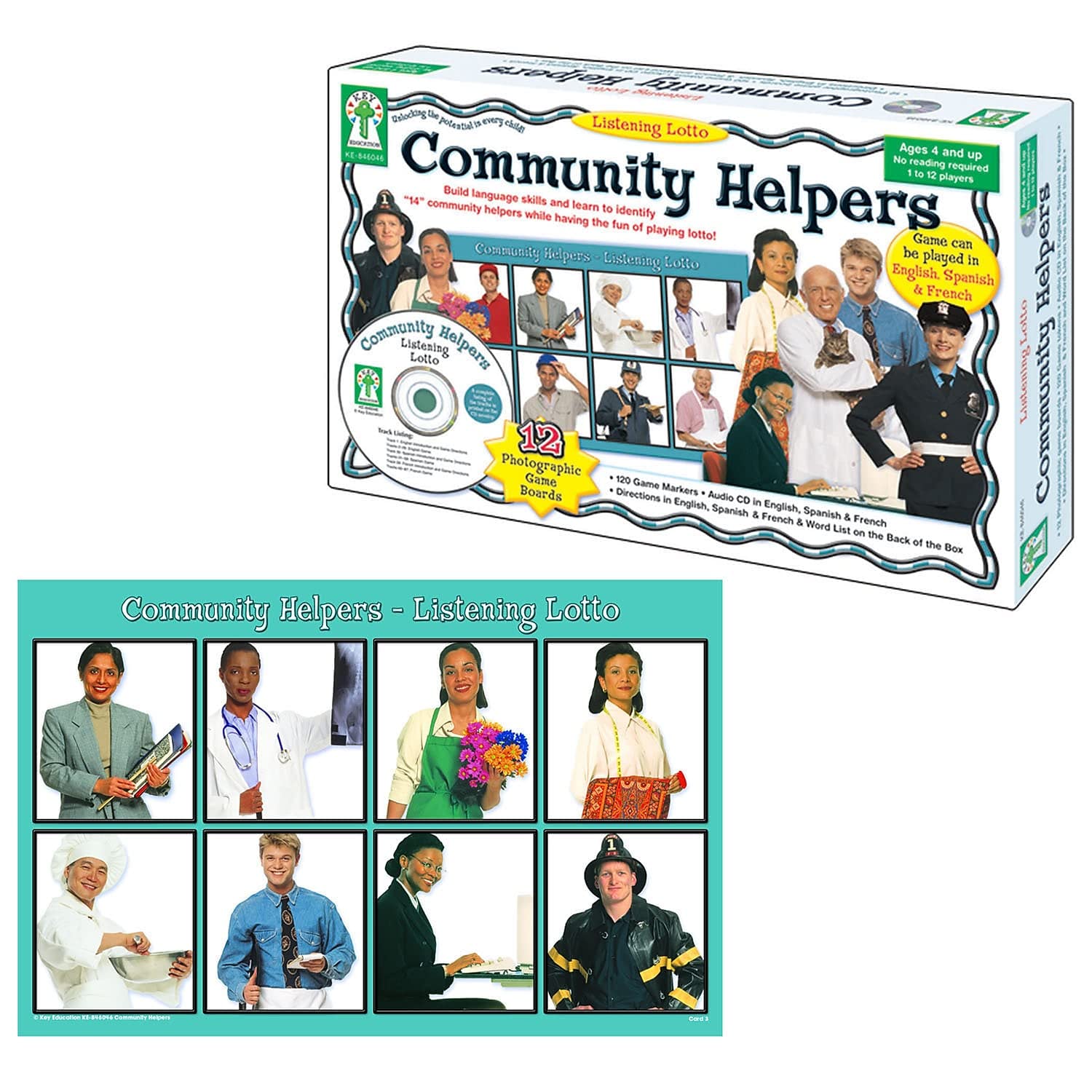 Key Education Listening Lotto: Community Helpers, Children's Auditory, Pre-Reading, Language Learning Matching Board Game, 12 Photographic Game Boards and Audio CD, 1-12 Players, Ages 4+