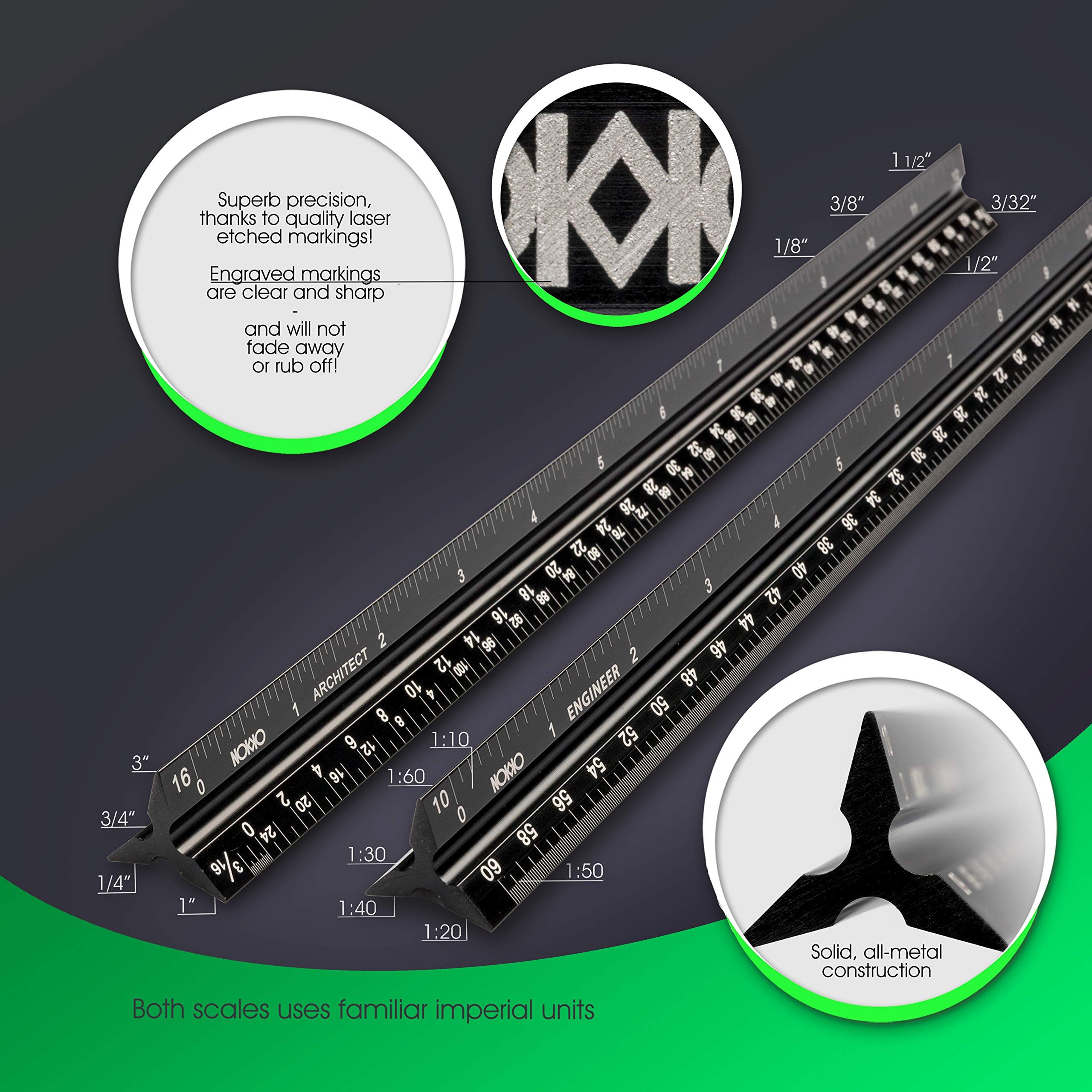 NOKKO Architectural and Engineering Scale Ruler Set - Professional Measuring Kit for Drafting, Construction - Imperial and Metric Conversion Table Included - Laser-Etched Markings, Anodized Aluminum