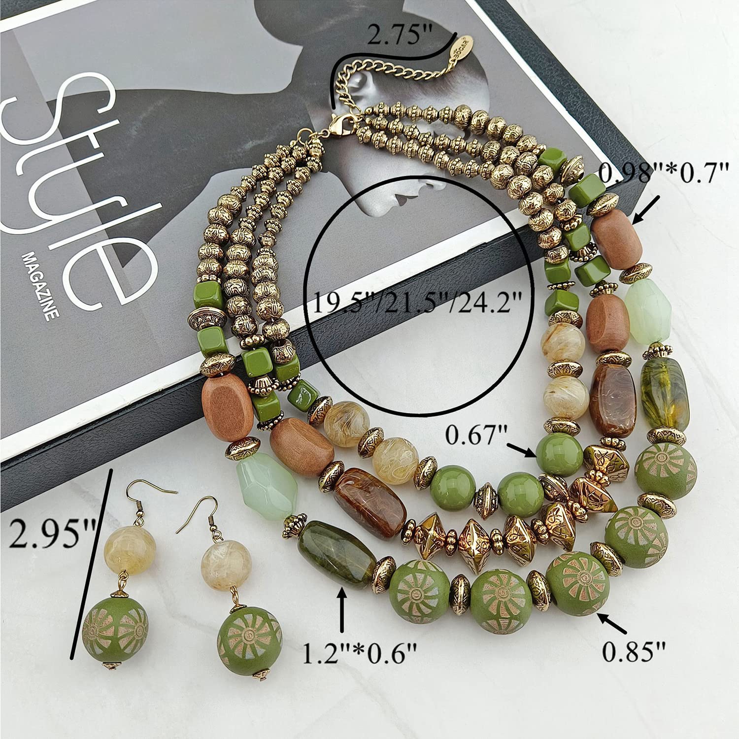 Bocar 3 Layer Chunky Statement Beaded Necklace Set with Earrings Fashion Multi Layer Women Collar Necklace (NK-10625-Olive)