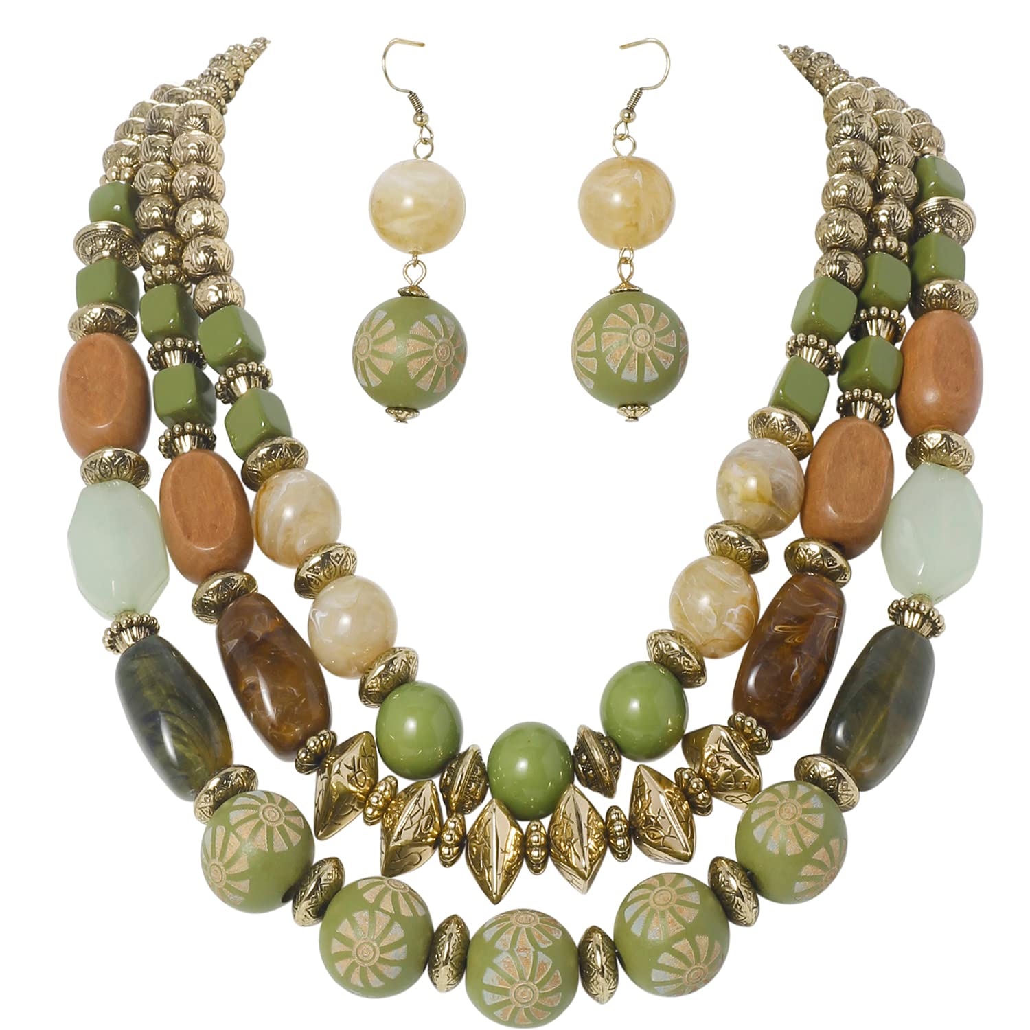 Bocar 3 Layer Chunky Statement Beaded Necklace Set with Earrings Fashion Multi Layer Women Collar Necklace (NK-10625-Olive)
