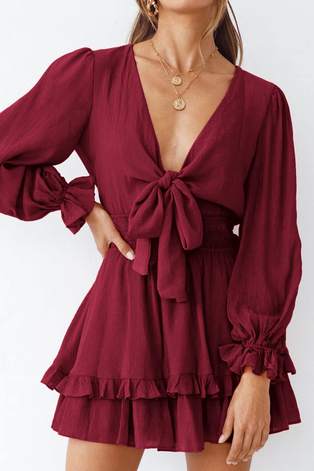 PRETTYGARDEN Women's Short A-Line Flare Dress Knot Front Long Sleeve V Neck Tiered Ruffle Swing Mini Skater Dresses (Wine Red,Small)