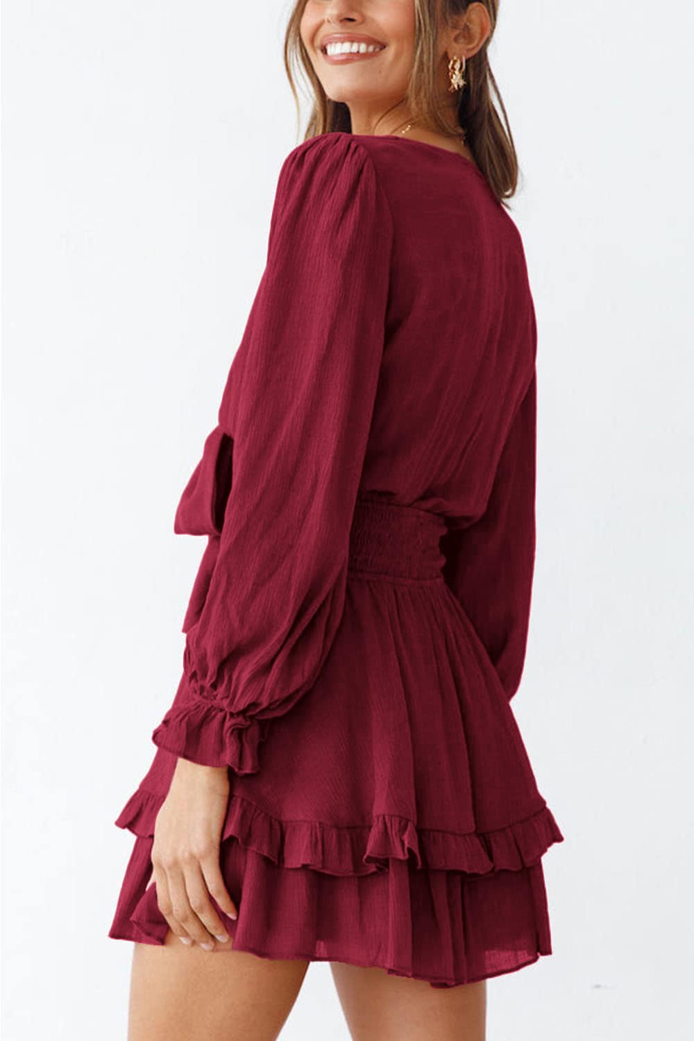 PRETTYGARDEN Women's Short A-Line Flare Dress Knot Front Long Sleeve V Neck Tiered Ruffle Swing Mini Skater Dresses (Wine Red,Small)