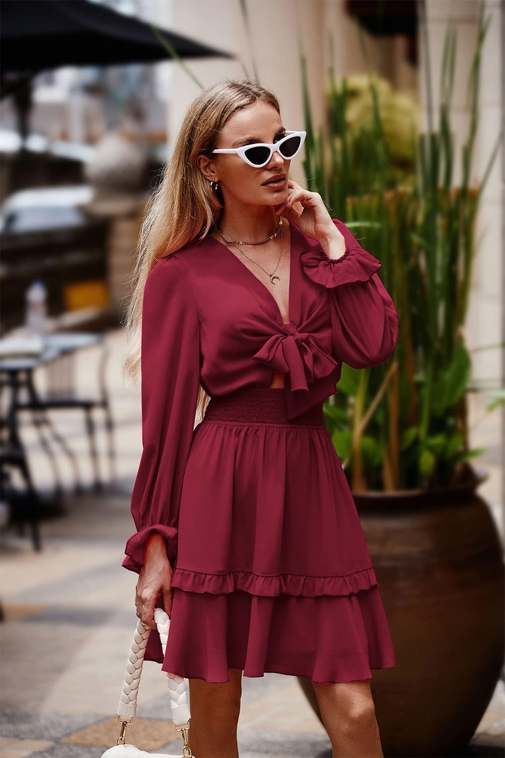 PRETTYGARDEN Women's Short A-Line Flare Dress Knot Front Long Sleeve V Neck Tiered Ruffle Swing Mini Skater Dresses (Wine Red,Small)