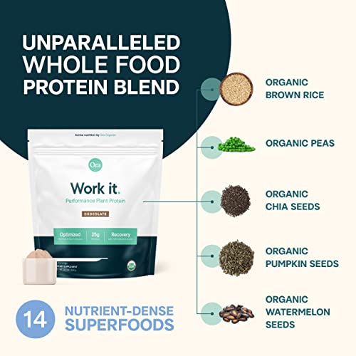 Ora Organic Work It: Ultra Clean Plant-Based Protein Powder Optimized for Recovery and Performance - with Tart Cherry, ProHydrolase, and Probiotics - 15 Servings (Chocolate, 15)