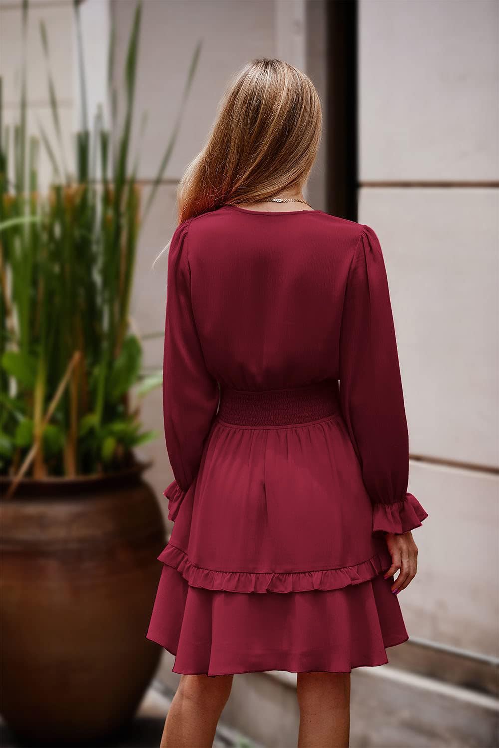PRETTYGARDEN Women's Short A-Line Flare Dress Knot Front Long Sleeve V Neck Tiered Ruffle Swing Mini Skater Dresses (Wine Red,Small)