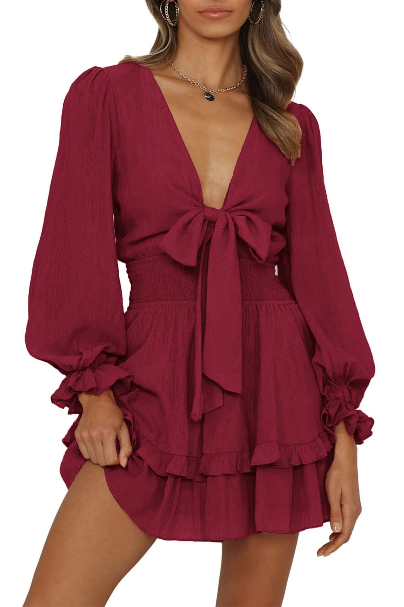 PRETTYGARDEN Women's Short A-Line Flare Dress Knot Front Long Sleeve V Neck Tiered Ruffle Swing Mini Skater Dresses (Wine Red,Small)