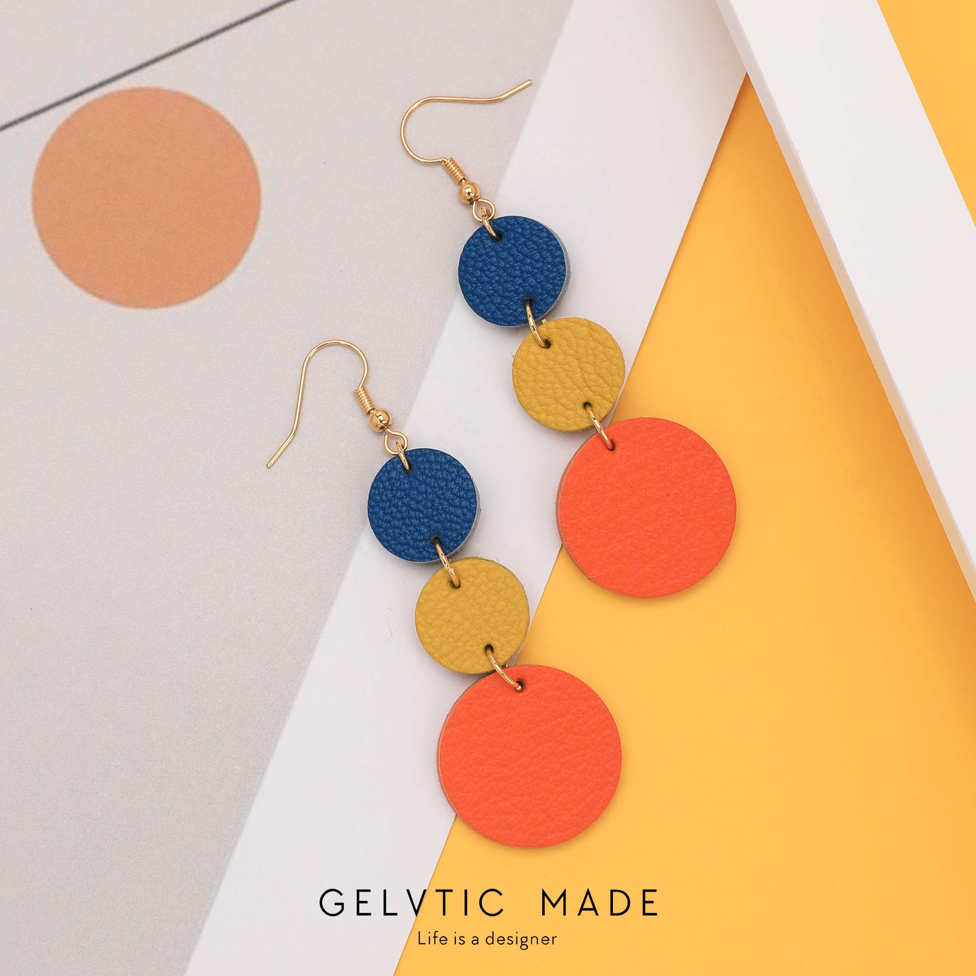 GELVTIC Leather Earrings Dangle Drop for Women, Teardrop Earrings Lightweight for Her (73-Blue/Yellow/Orange)