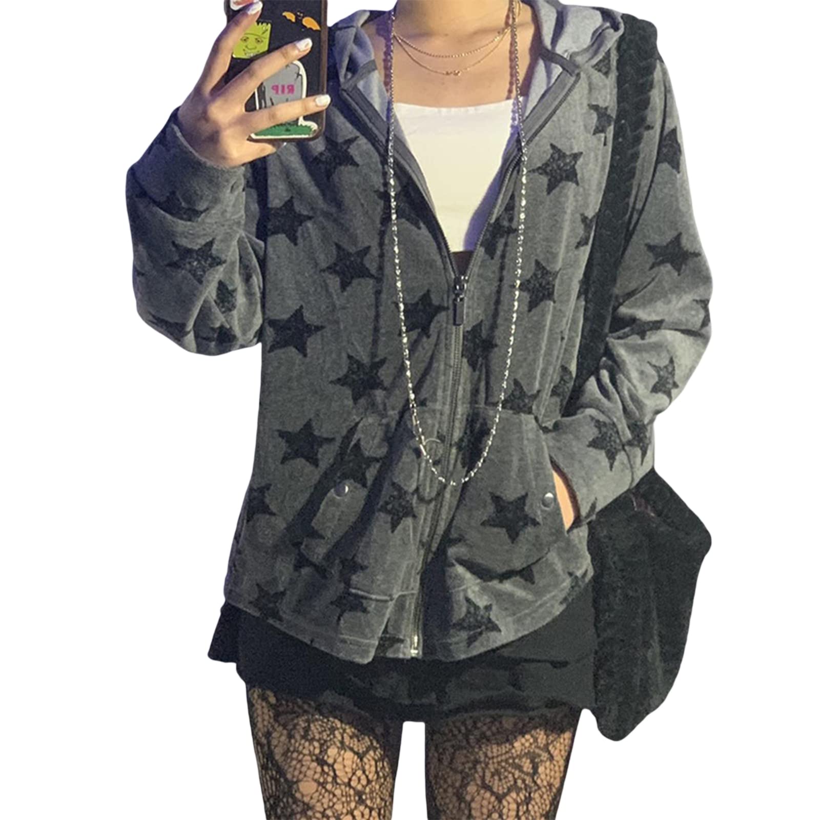 Santikisler Y2K Graphic Vintage Hoodies for Women Star Oversized Sweatshirt Zip Up Hoodies Coat Long Sleeve Hooded Jacket Tops (Star+Dark Gray, M)