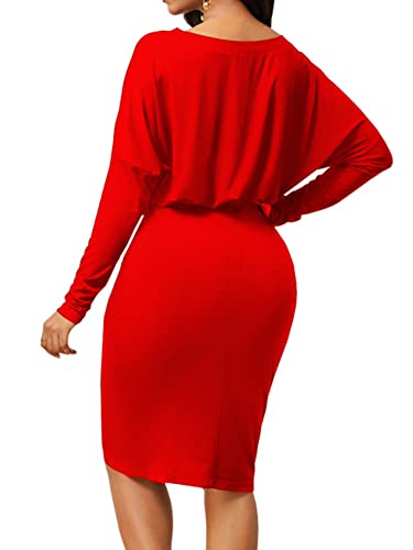LYANER Women's Sexy Off Shoulder Ruched Elastic Waist Split Long Sleeve Bodycon Party Midi Dress Red Medium