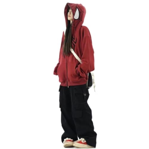 Josfey Y2k Hoodie Pink Spider Hoodie Graphic Hoodies Zip Up Hoodie Y2k Kawaii Jacket Sweater Oversized Sweatshirt for Women (Dark Red,Medium,Medium,Regular,Regular)