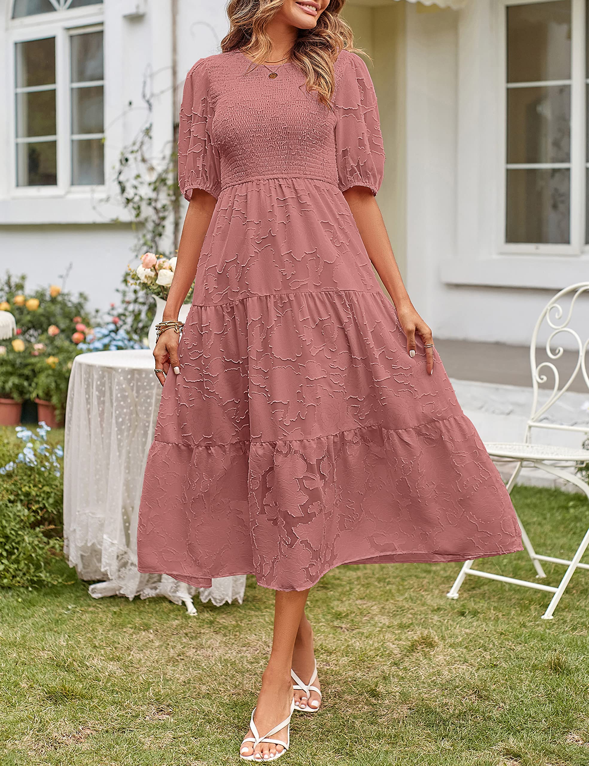 MEROKEETY Women's 2025 Summer Cute Bubble Sleeve Shirred Bohemian Dress Flowy Pleated Midi Long Dresses,Tearose,L
