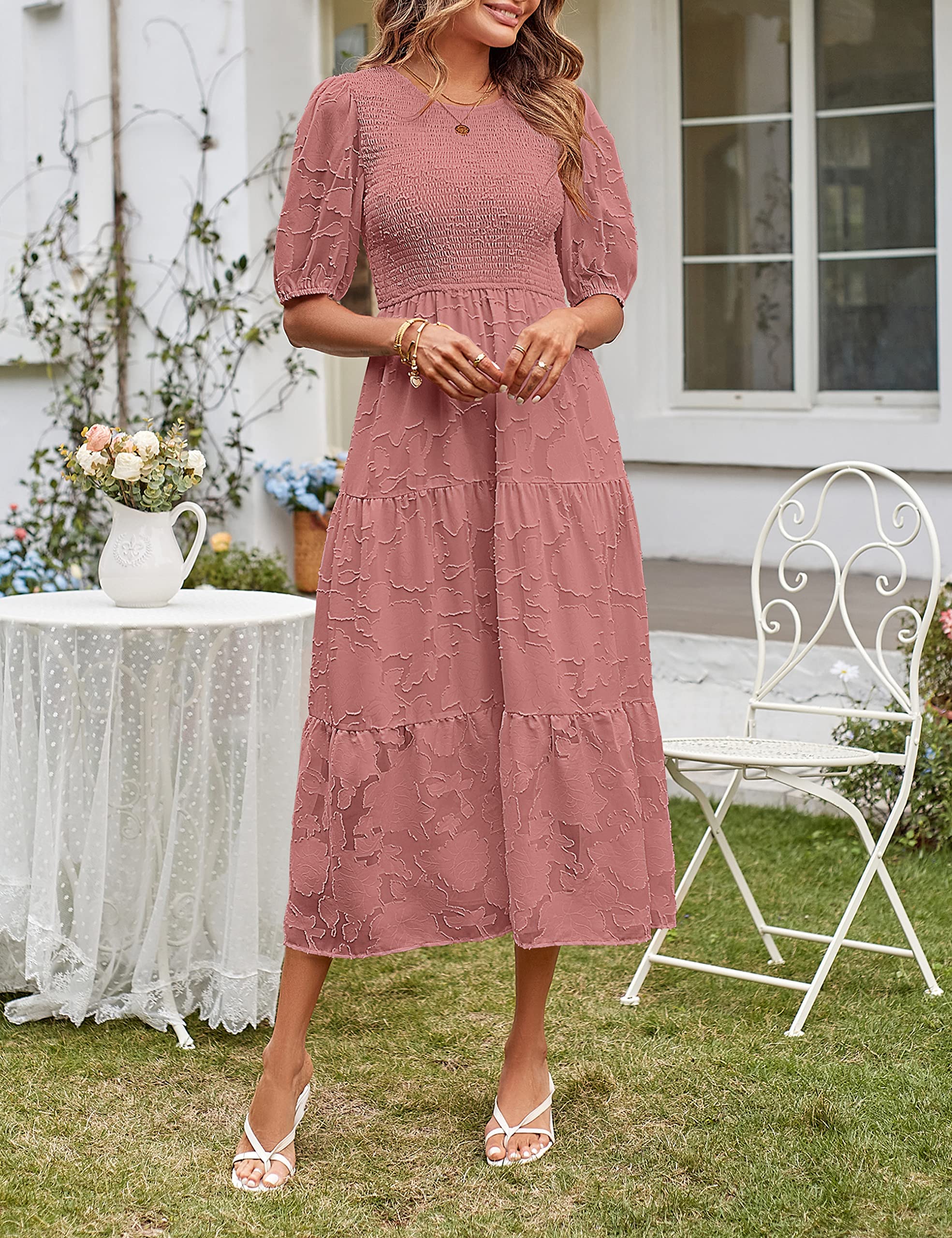 MEROKEETY Women's 2025 Summer Cute Bubble Sleeve Shirred Bohemian Dress Flowy Pleated Midi Long Dresses,Tearose,L