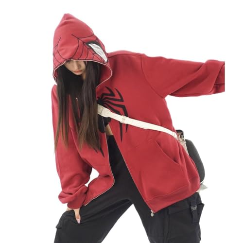 Josfey Y2k Hoodie Pink Spider Hoodie Graphic Hoodies Zip Up Hoodie Y2k Kawaii Jacket Sweater Oversized Sweatshirt for Women (Dark Red,Medium,Medium,Regular,Regular)