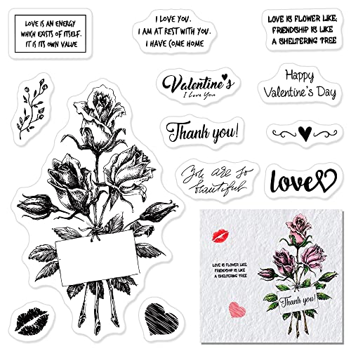 Valentines Flowers Clear Stamps for Card Making Decoration and Scrapbooking Supplies, Rose Love Words with Sentiment Transparent Rubber Stamps for Paper Card Photo Album Crafting Supplies