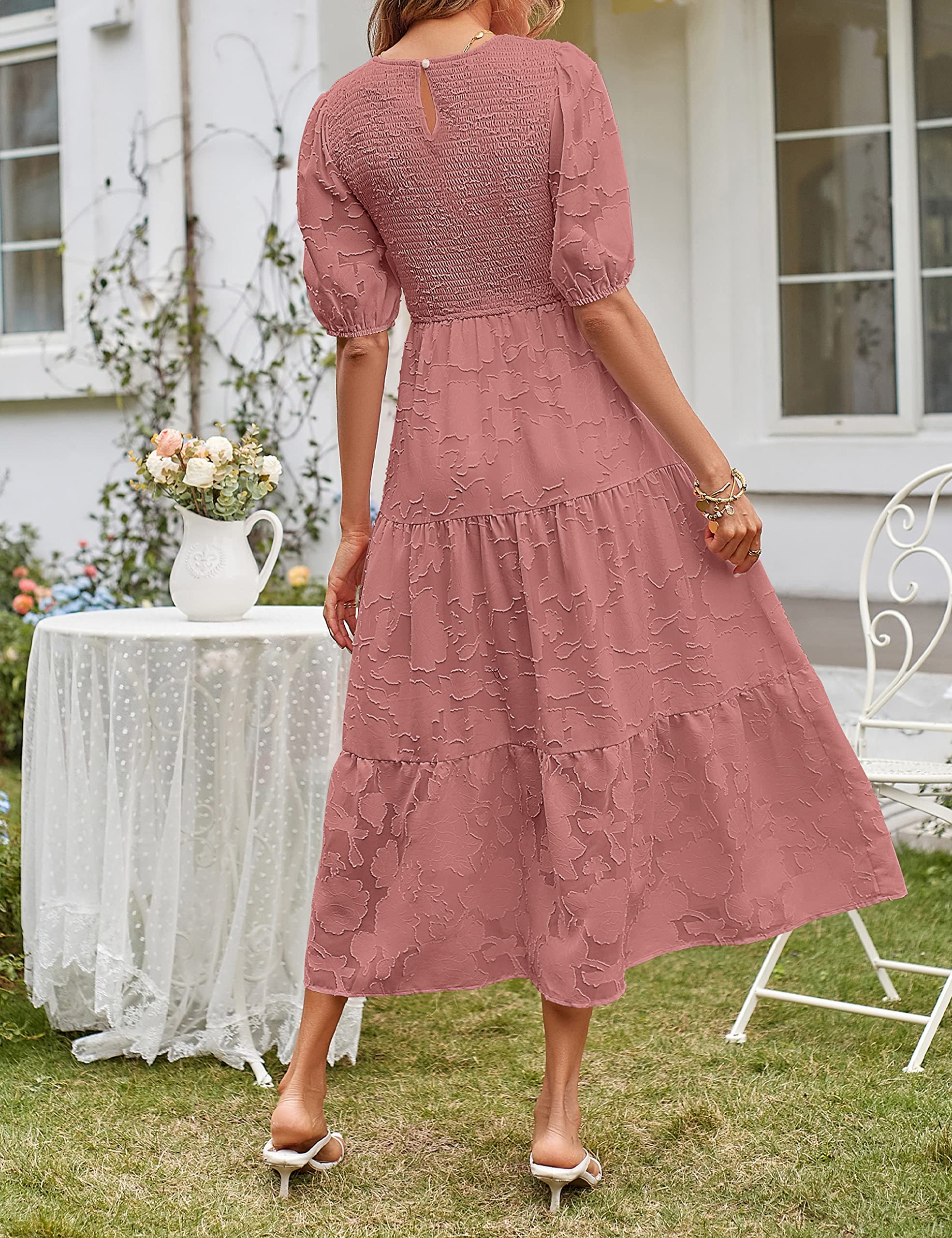 MEROKEETY Women's 2025 Summer Cute Bubble Sleeve Shirred Bohemian Dress Flowy Pleated Midi Long Dresses,Tearose,L