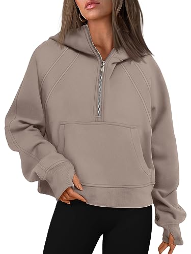 WYNNQUE Womens Hoodies Oversized Sweatshirts Half Quarter Zip Pullover Cropped Long Sleeve Fall Outfits Fashion Clothes Coffeegrey M