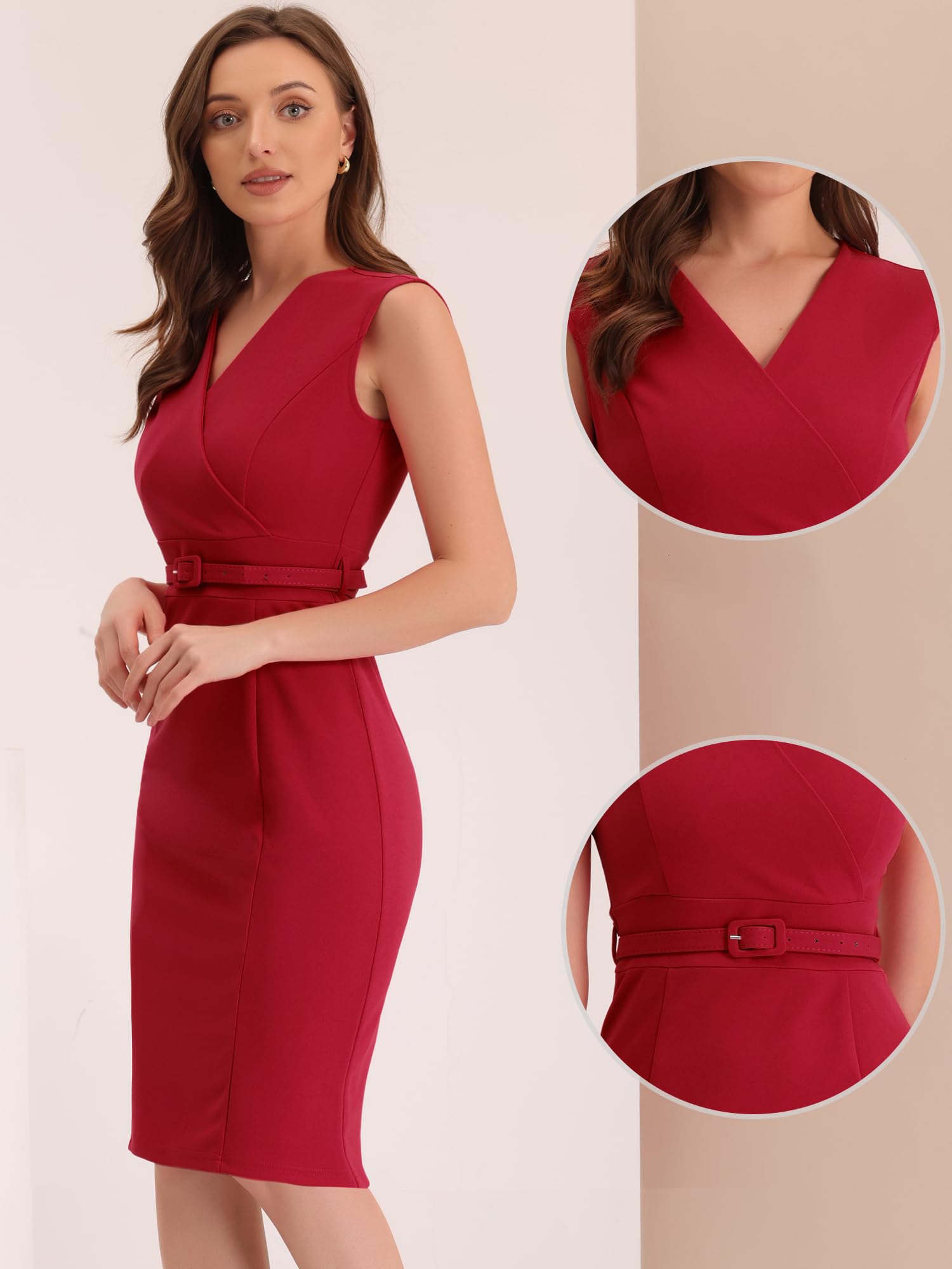 Allegra K Sheath Dress for Women's Sleeveless V Neck Business Office Belt Pencil Dresses Small Red
