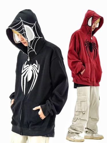 Josfey Y2k Hoodie Pink Spider Hoodie Graphic Hoodies Zip Up Hoodie Y2k Kawaii Jacket Sweater Oversized Sweatshirt for Women (Dark Red,Medium,Medium,Regular,Regular)