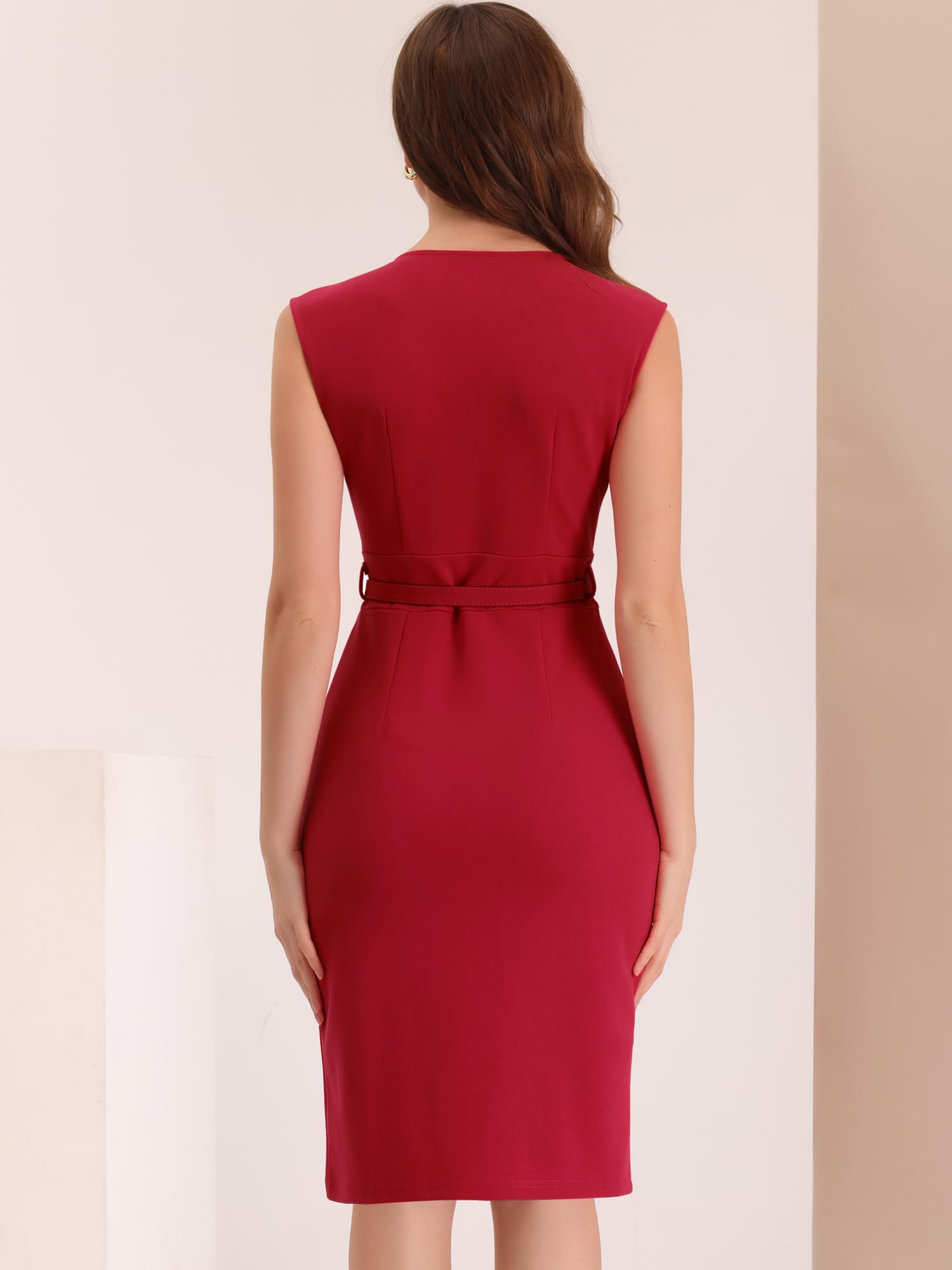 Allegra K Sheath Dress for Women's Sleeveless V Neck Business Office Belt Pencil Dresses Small Red