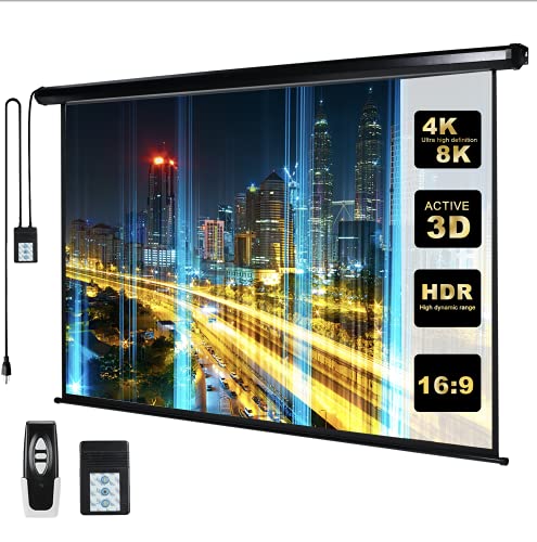 110" Motorized Projector Screen Electric Diagonal Automatic Projection 16:9 HD Movies Screen for Home Theater Presentation Education Outdoor Indoor W/Wireless Remote and Wall/Ceiling Mount (Black)