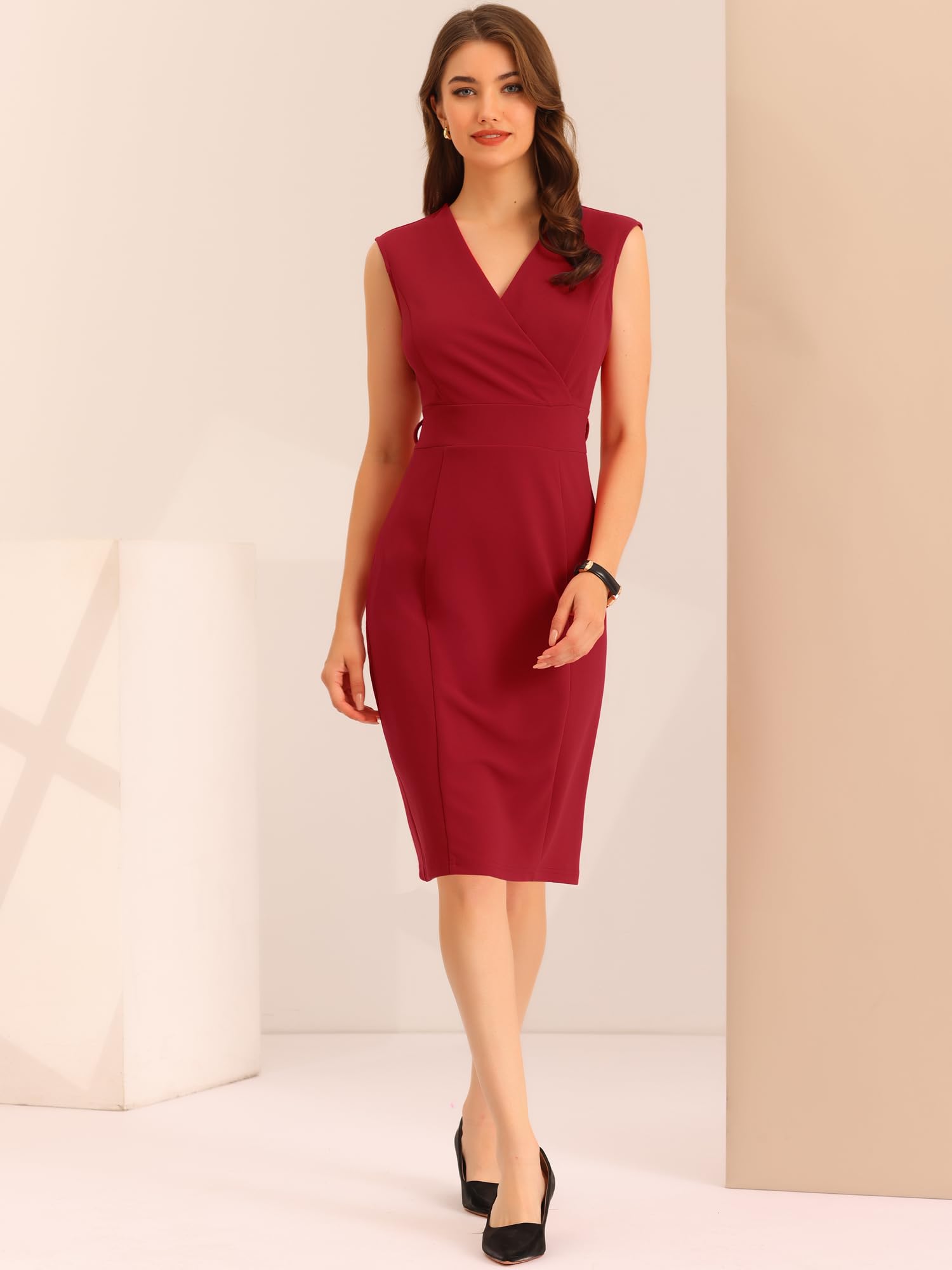 Allegra K Sheath Dress for Women's Sleeveless V Neck Business Office Belt Pencil Dresses Small Red