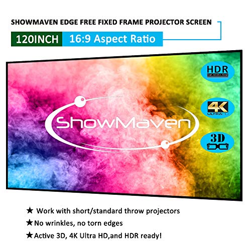 ShowMaven 120in Fixed Frame Projector Screen, Edge Free Borderless Projector Screen, Diagonal 16:9, Active 3D 4K Ultra HD Projector Screen for Home Theater or Office