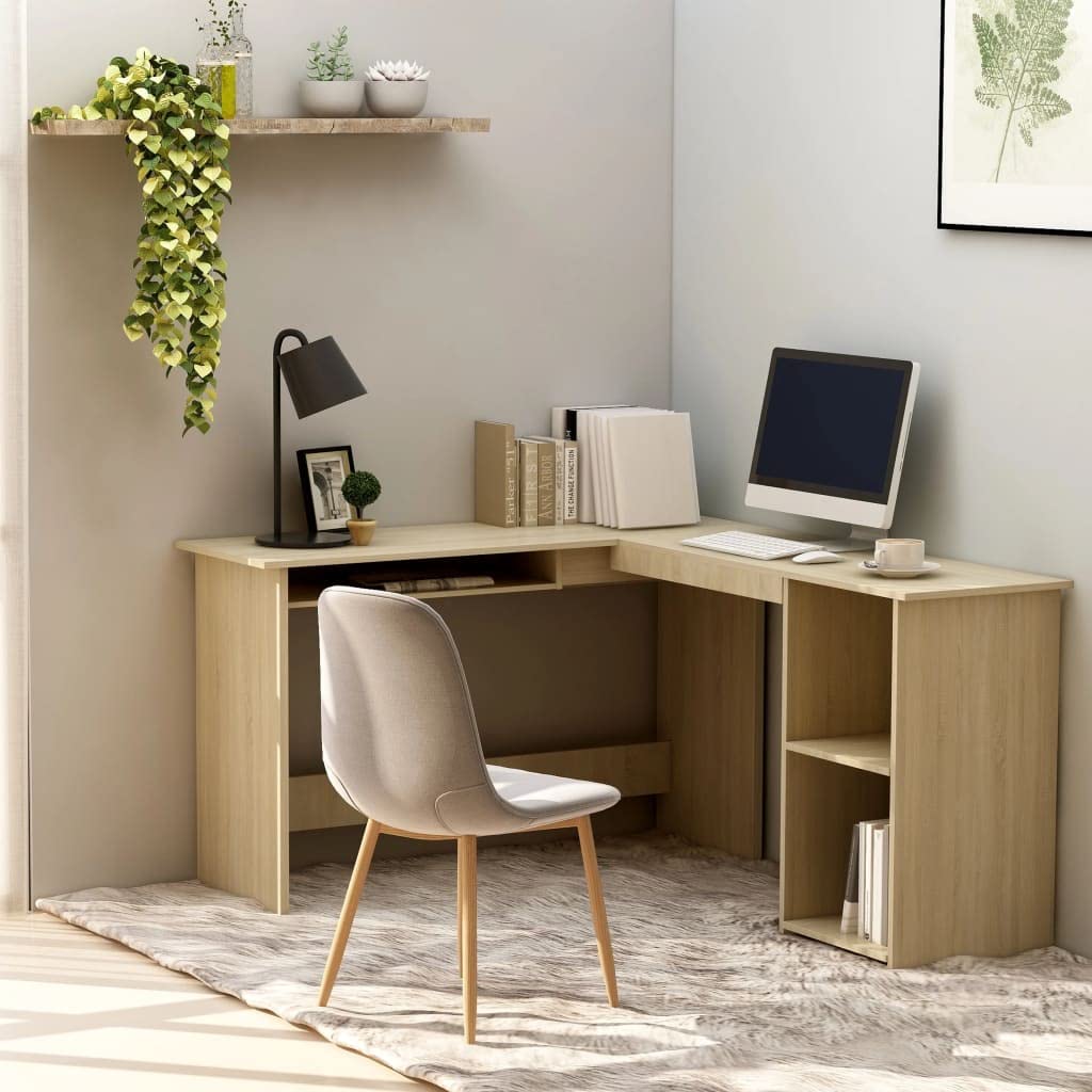 Matalde L Shaped Corner Desk, Computer Desk with Pull Out Keyboard Tray and 2 Open Shelves, Home Office Workstation, Contemporary Writing Desk, Sonoma Oak