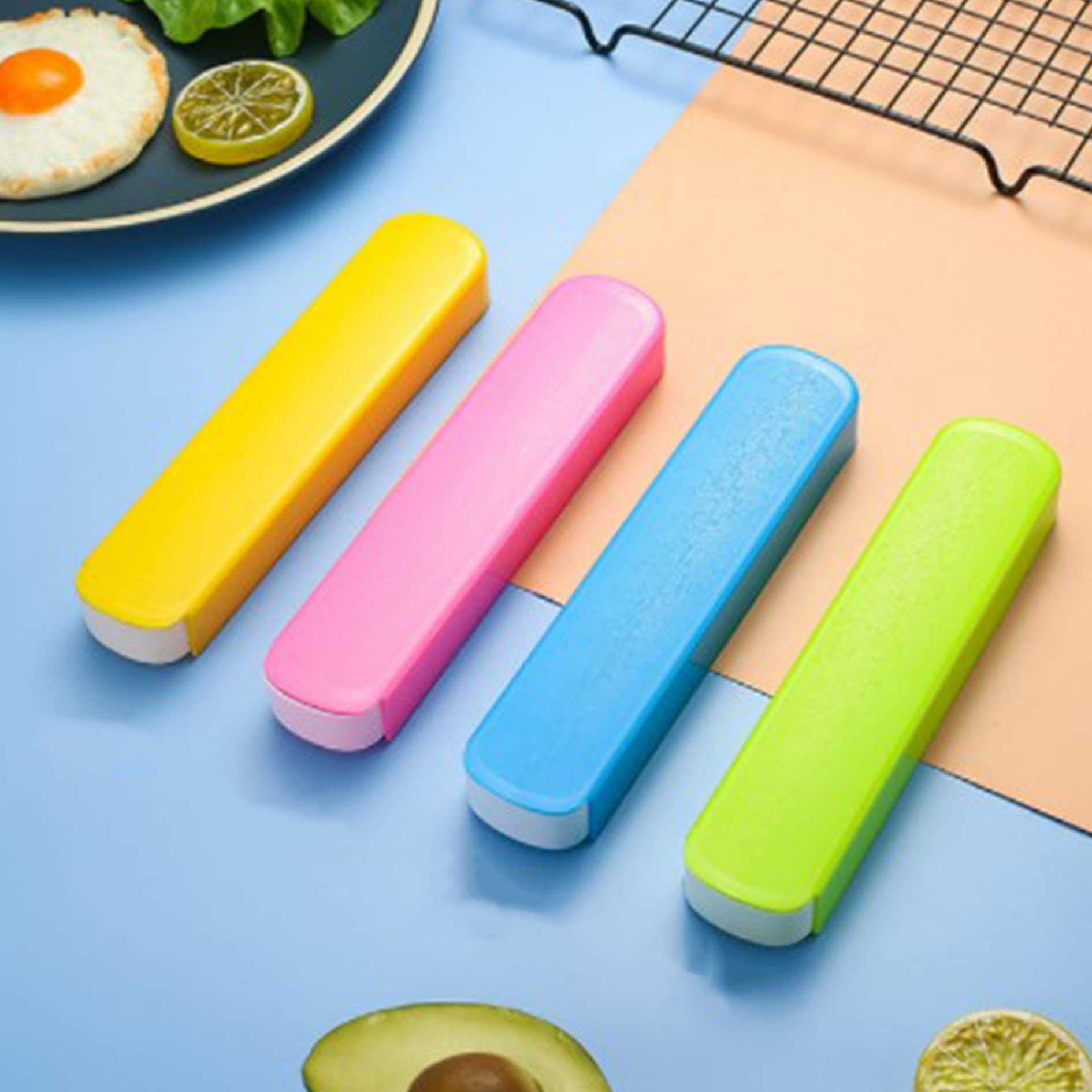 MY MIRONEY 4PCS Portable Tableware Storage Box Plastic Tableware Storage Case Reusable Office Lunch Flatware Box with Sliding Lid, Pink, Blue, Green, Yellow